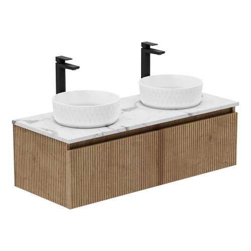 Revel Ribbed Oak Wall Hung Bathroom Vanity Unit 1200mm & Marble Top ...