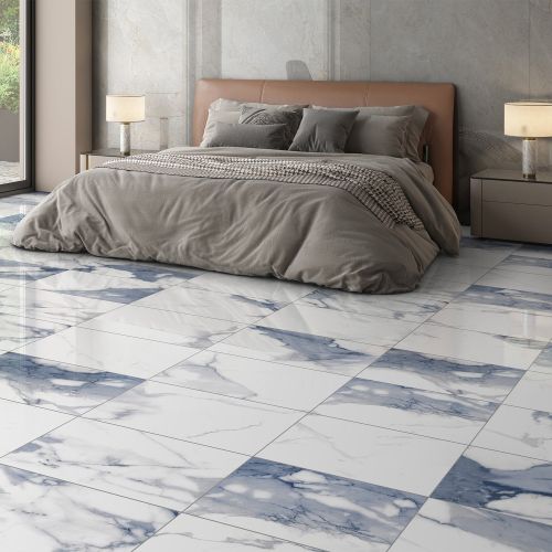 Stockholm Blue Gloss Porcelain Tile - 600x300mm | Blue Marble Tiles