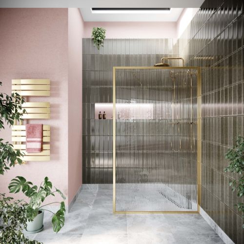 Brushed Gold Framed Fluted Glass Shower Screen - 980mm | Gold Wet Room ...